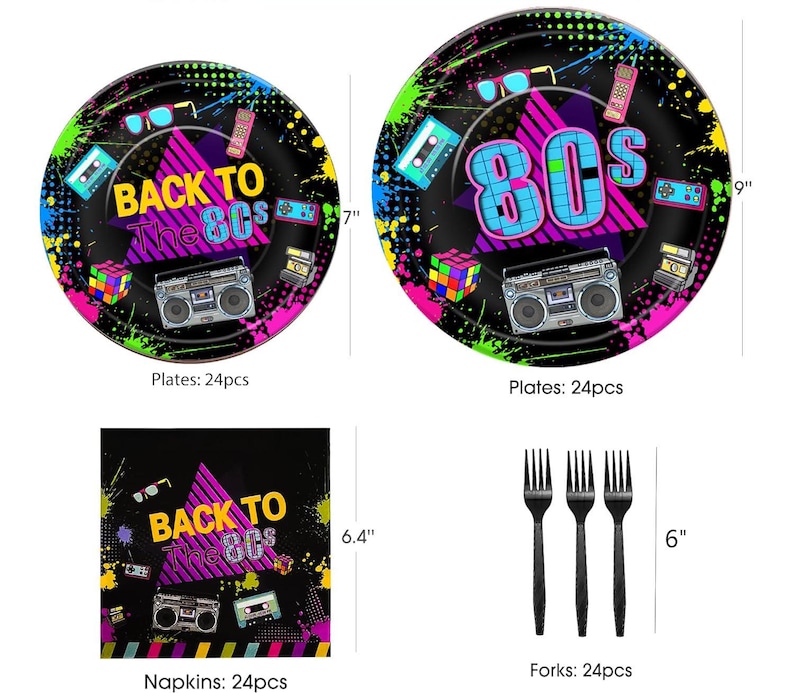 80's Party Plates, Napkins, Forks Disposable Tableware Serves 24, Back ...