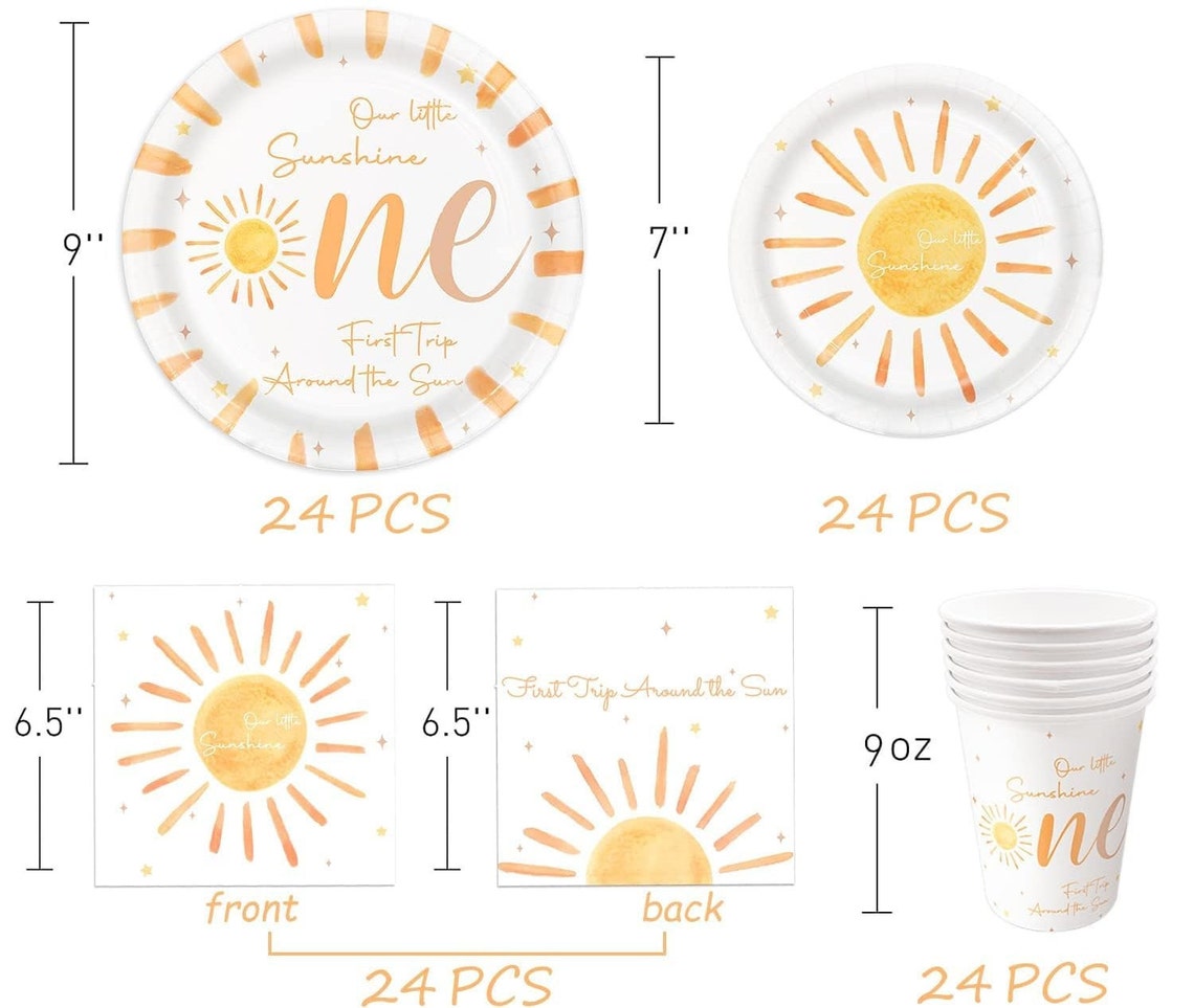 Sunshine 1st Birthday Plates, Napkins, Cups Disposable Tableware Serves ...