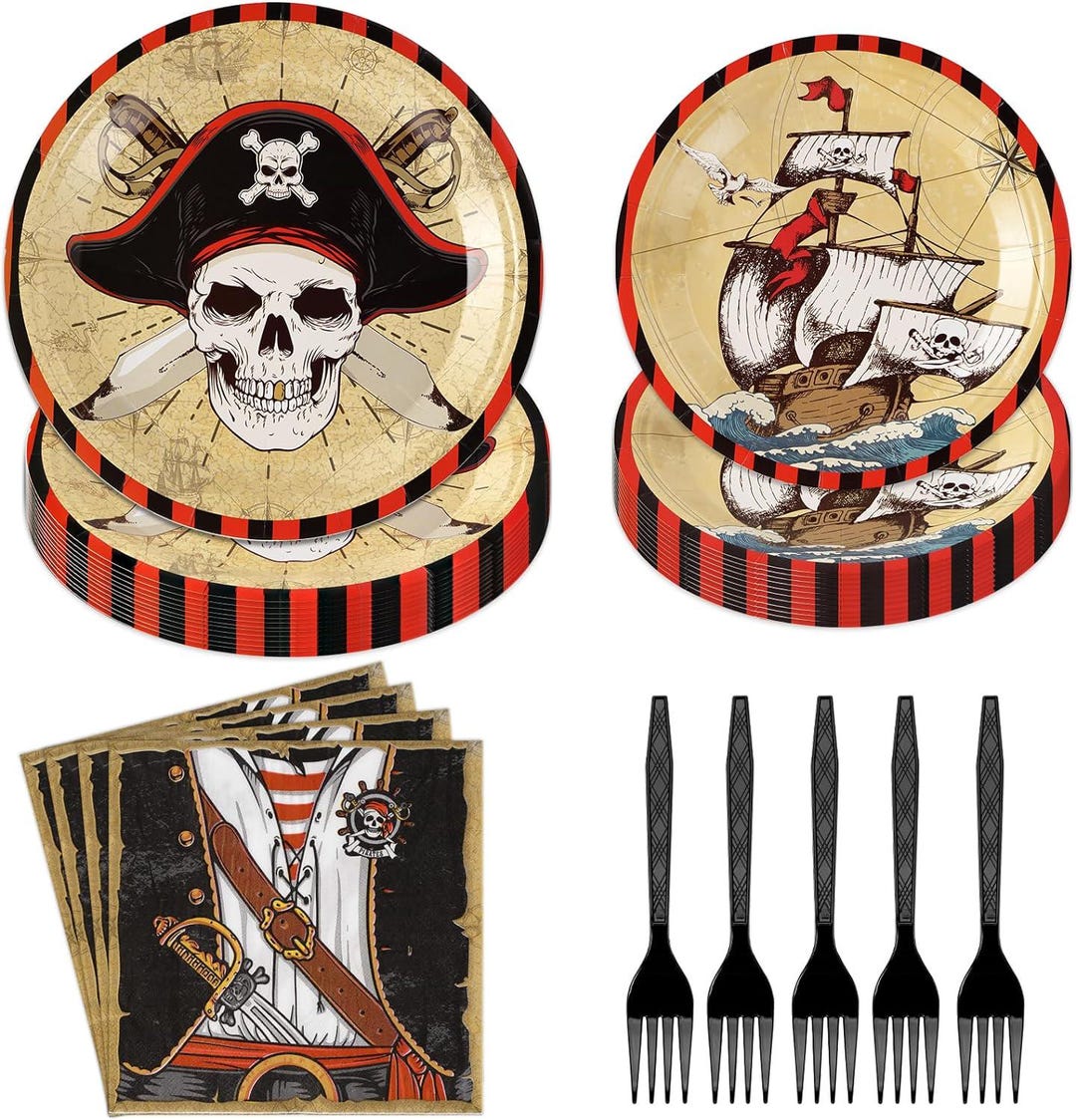 Pirate Party Plates, Napkins, Forks Disposable Tableware Serves 24 ...