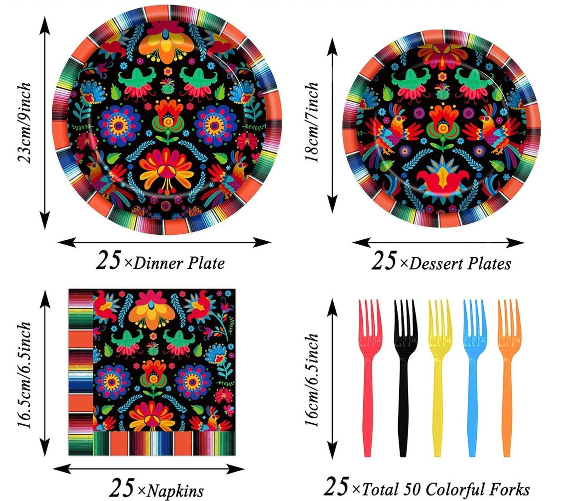 Mexican Fiesta Party Plates, Napkins, Forks Disposable Tableware Serves ...