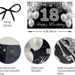 18th Birthday Banner Backdrop Decorations for Boys Black and Silver ...