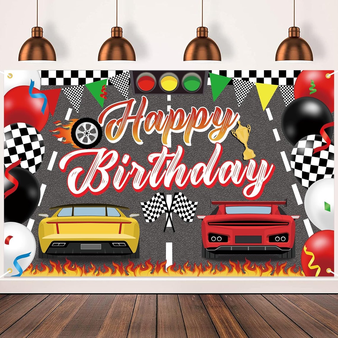 Race Car Birthday Banner Backdrop Decorations for Boys Black and Red ...