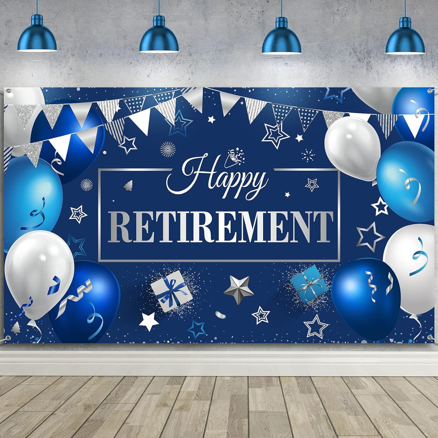 Retirement Banner Backdrop Decorations Women Blue and Silver Happy ...