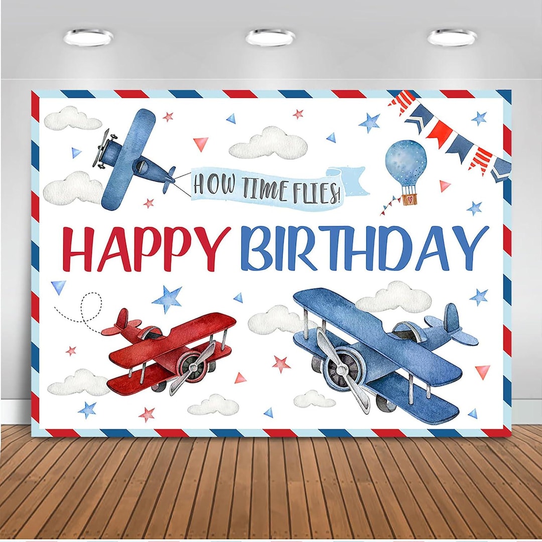 Airplane Birthday Backdrop Banner, How Time Flies Happy Birthday ...