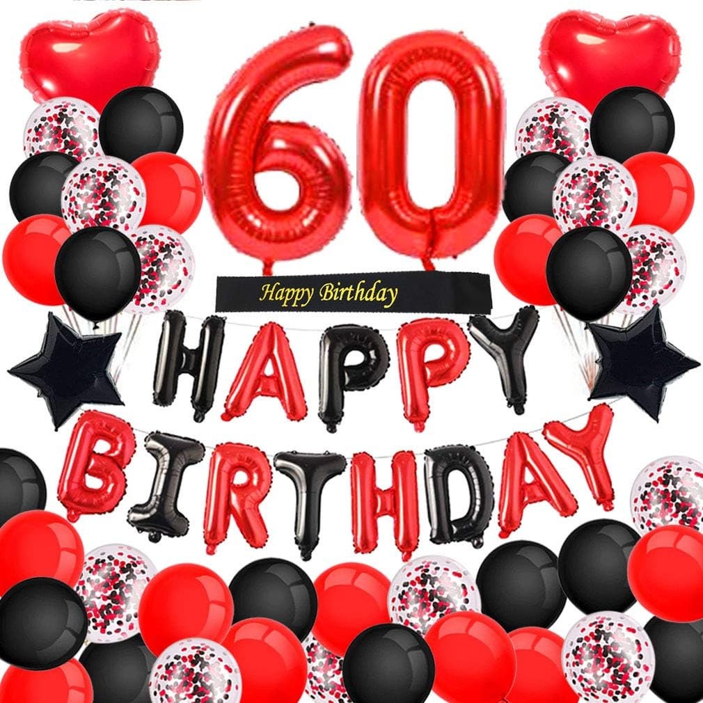 60th Birthday Decorations for Men Women Black and Red, Red Number 60 ...