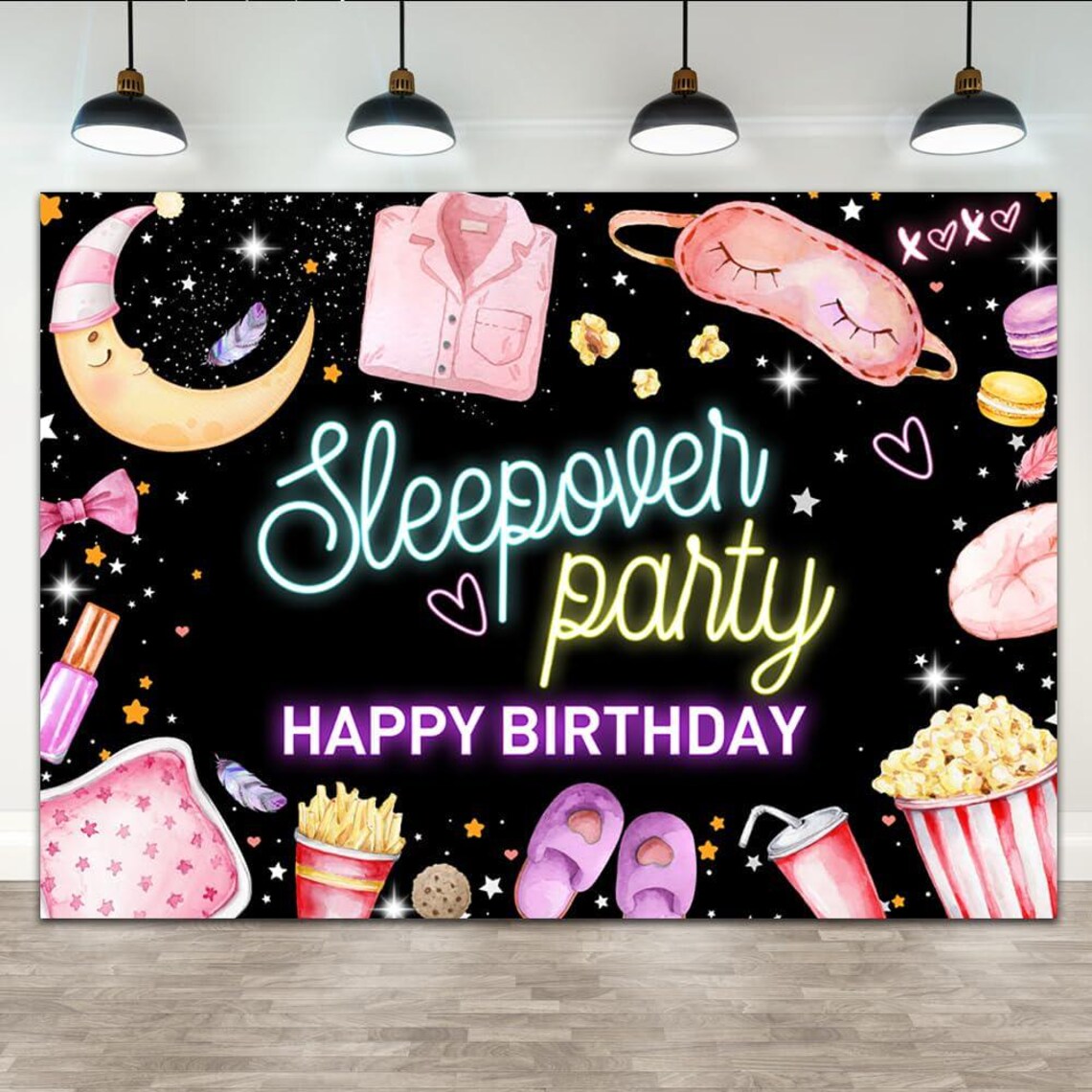 Sleepover Party Birthday Backdrop Banner, Girls Make up Sleep Over ...