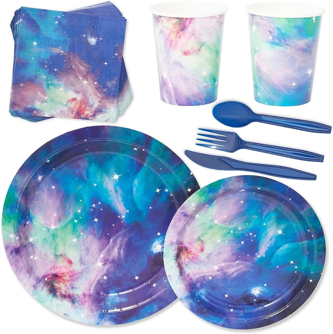 Galaxy Party Plates, Napkins, Cups Disposable Tableware Serves 24 ...