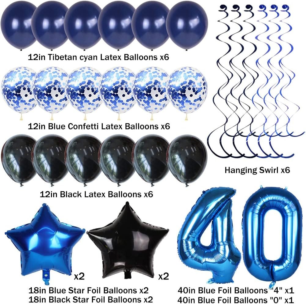40th BIRTHDAY DECORATIONS Black and Blue 40th Party Supplies 40 Balloon ...