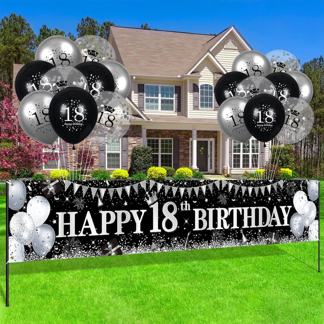 Large 18th Birthday Banner Backdrop and Balloons Decorations Black and ...