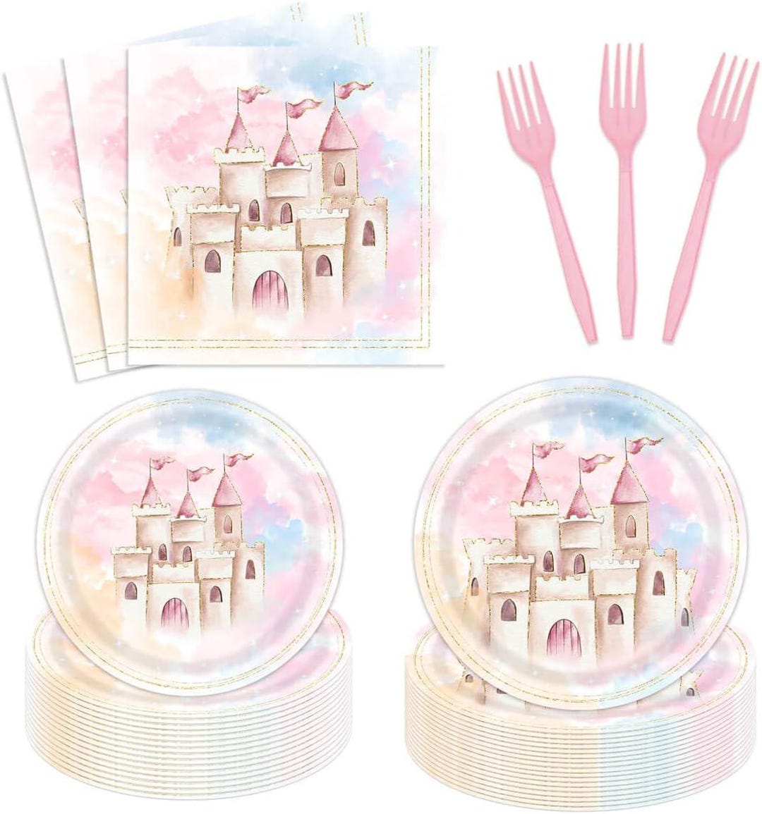 Princess Castle Birthday Party Plates, Napkins, Forks Tableware Serves ...