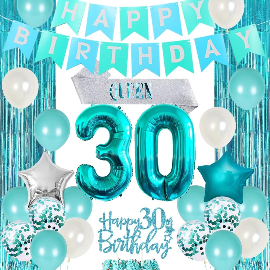 30th Birthday Decorations Teal and Silver, Teal Blue Number 30 Balloon ...