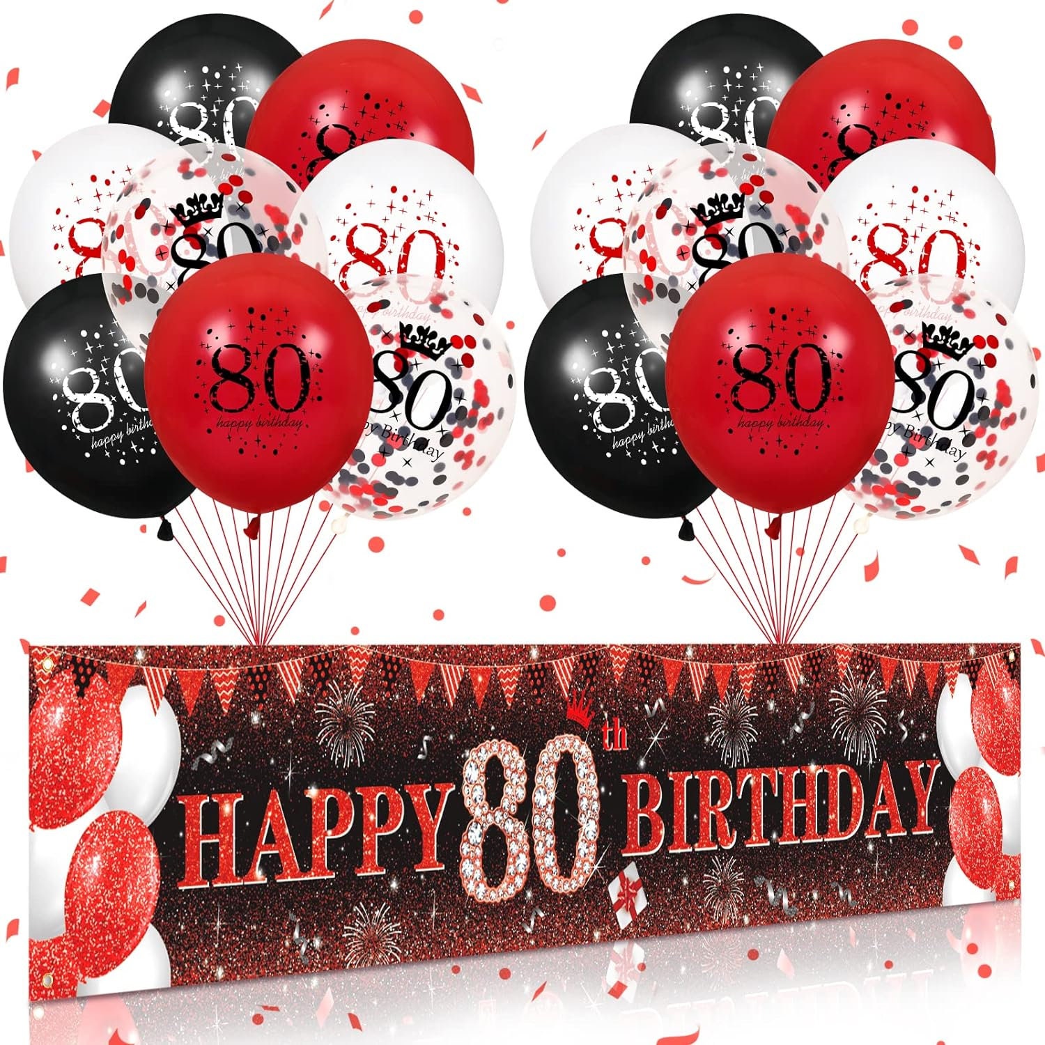 Large 80th Birthday Banner Backdrop And Balloons Decorations Black And