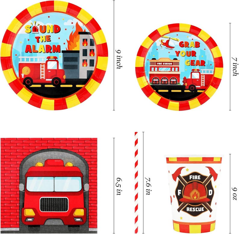 Fire Truck Birthday Plates, Napkins, Cups Disposable Tableware Serves ...