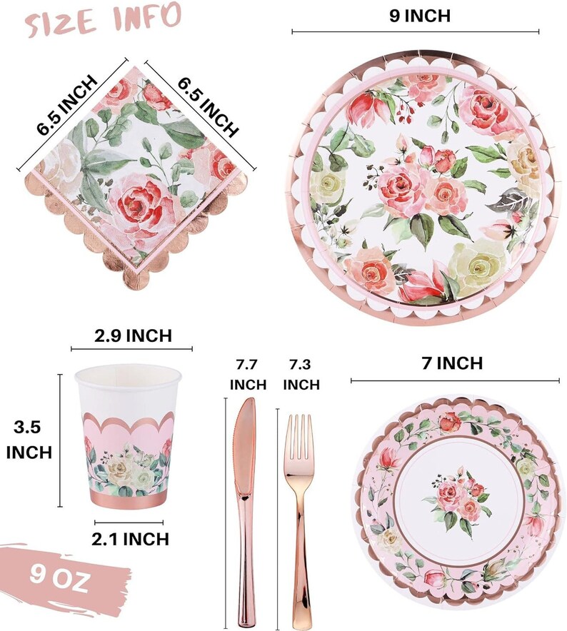 Rose Gold Floral Party Tableware Serves 16, Floral Paper Plates Cups ...
