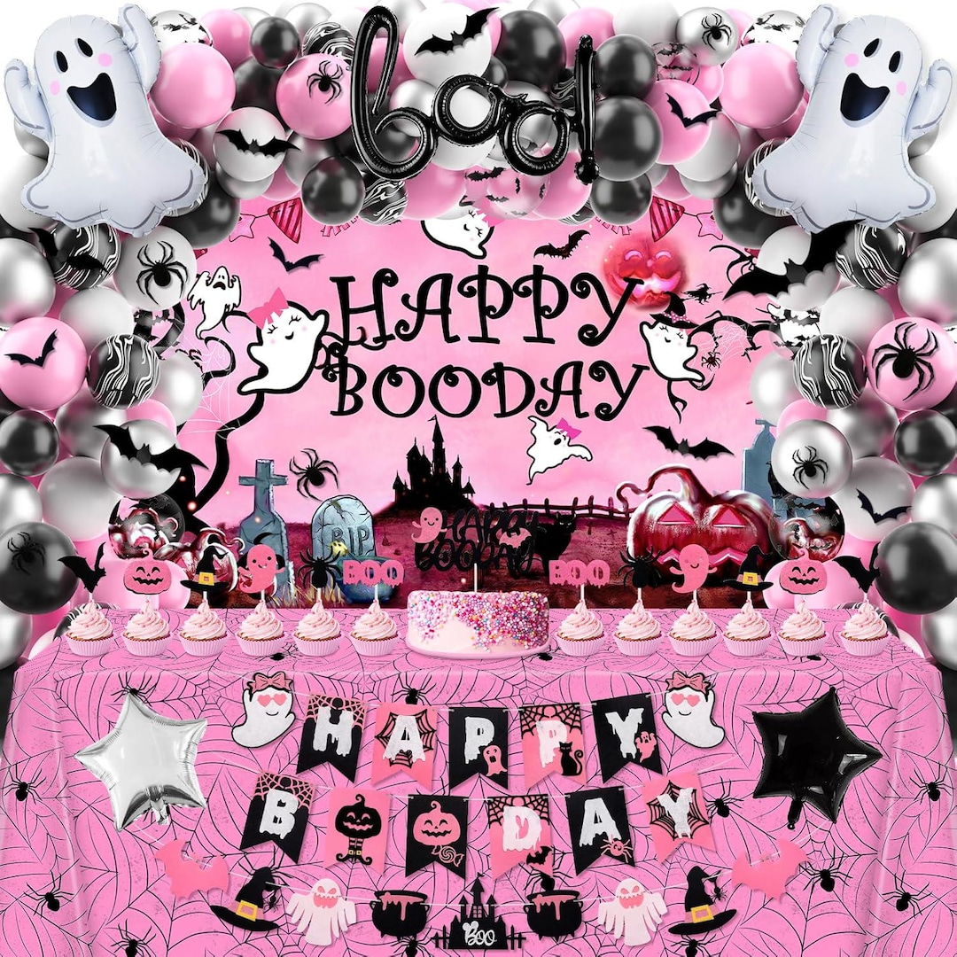 Pink Halloween Birthday Decorations, Happy Boo Day Backdrop Balloon ...