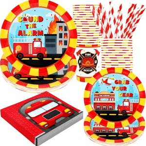 Fire Truck Birthday Plates, Napkins, Cups Disposable Tableware Serves ...