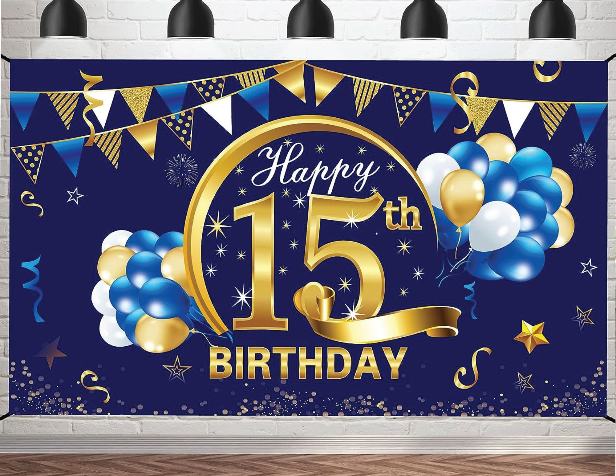 15th Birthday Banner Backdrop Decorations Girl and Boy Blue and Gold ...