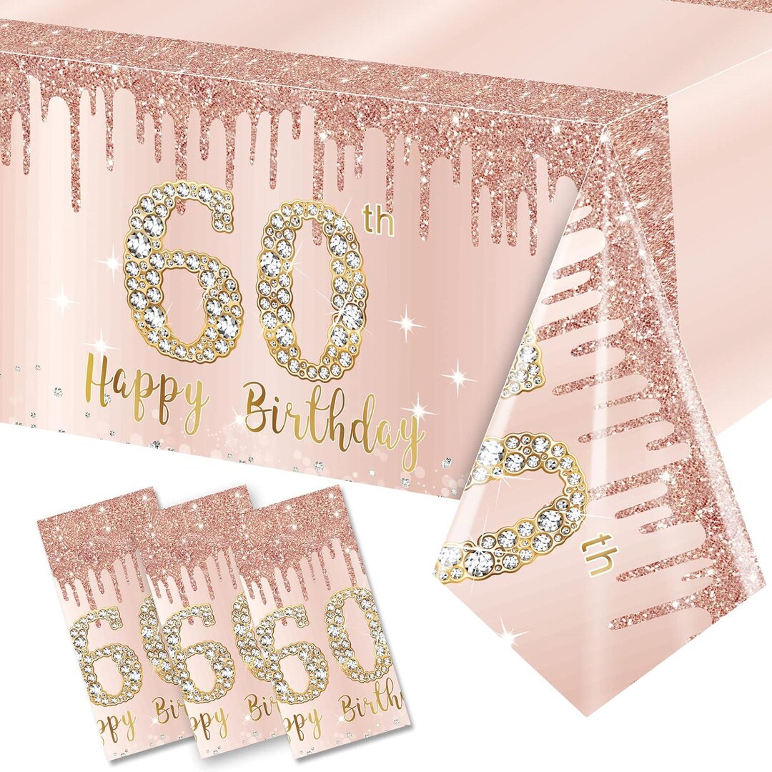 60th Birthday Tablecloth 3 Pack, Disposable Rose Gold 60th Table Cover ...