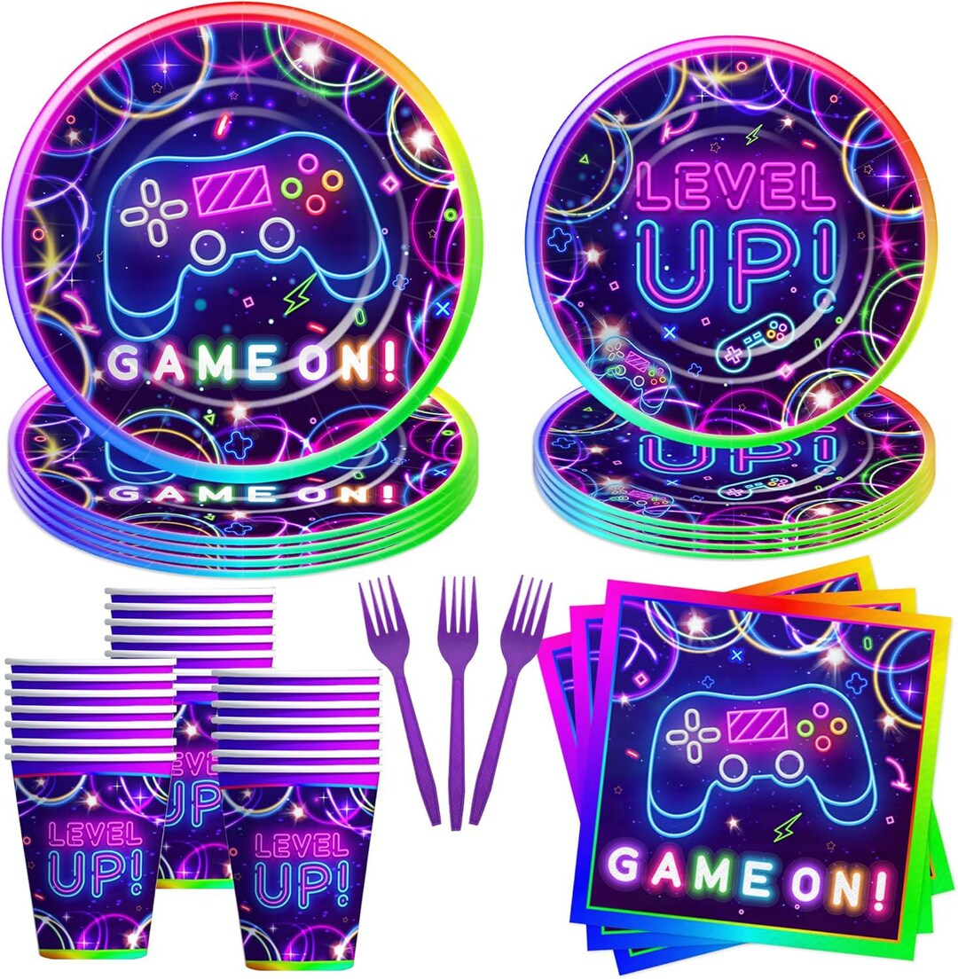 Video Game Birthday Plates, Napkins, Forks Disposable Tableware Serves ...