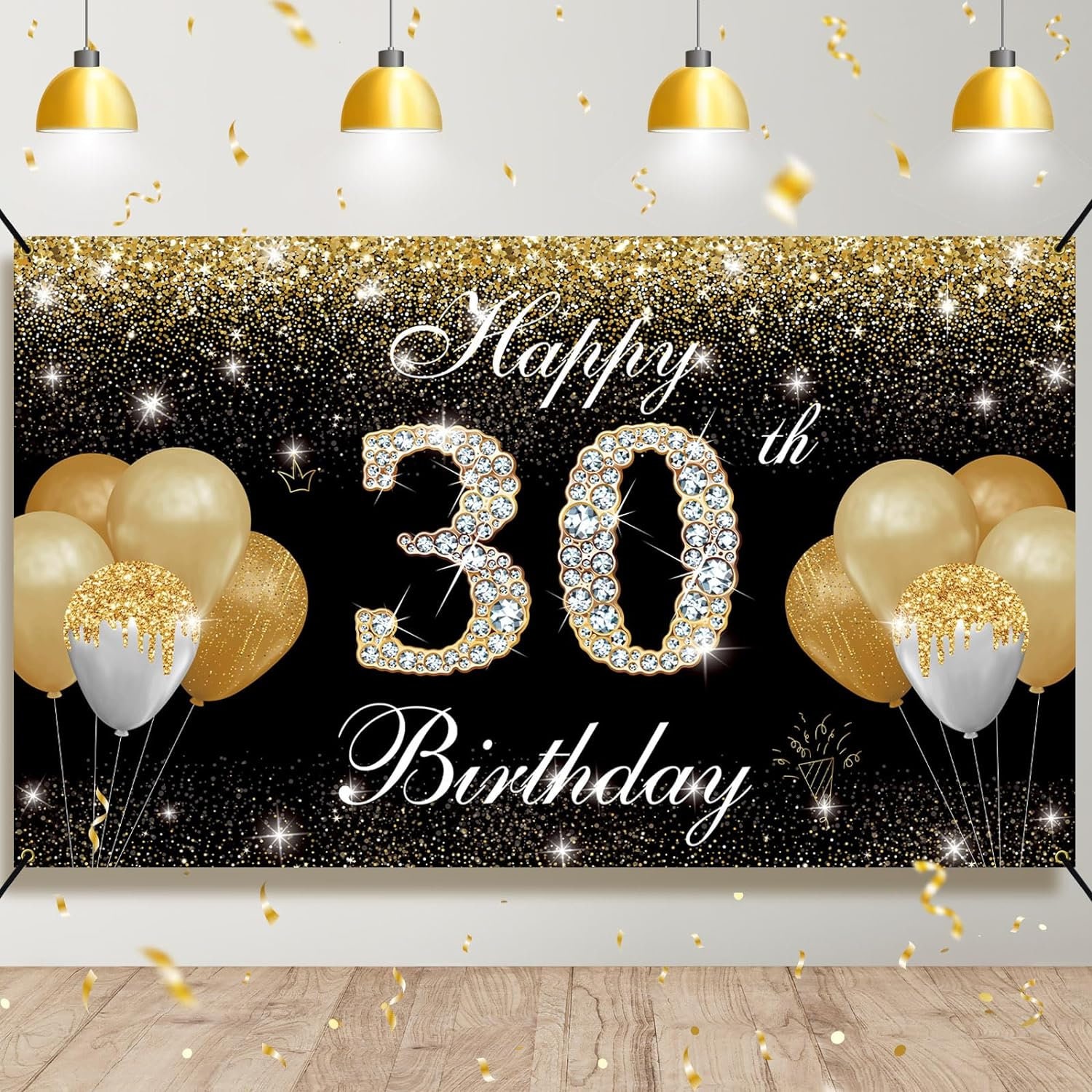 30th Birthday Banner Backdrop Decorations for Women Black and Gold ...