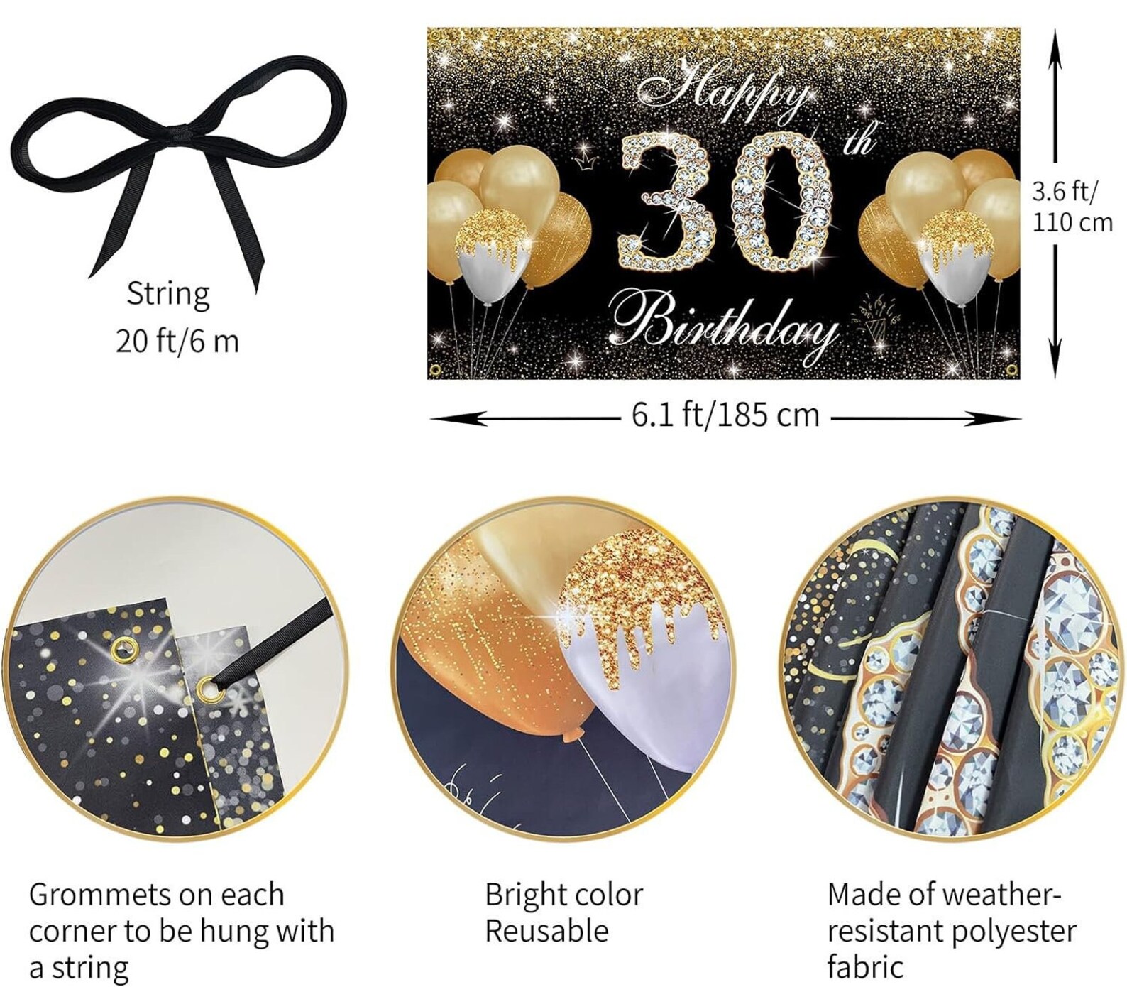 30th Birthday Banner Backdrop Decorations for Women Black and Gold ...