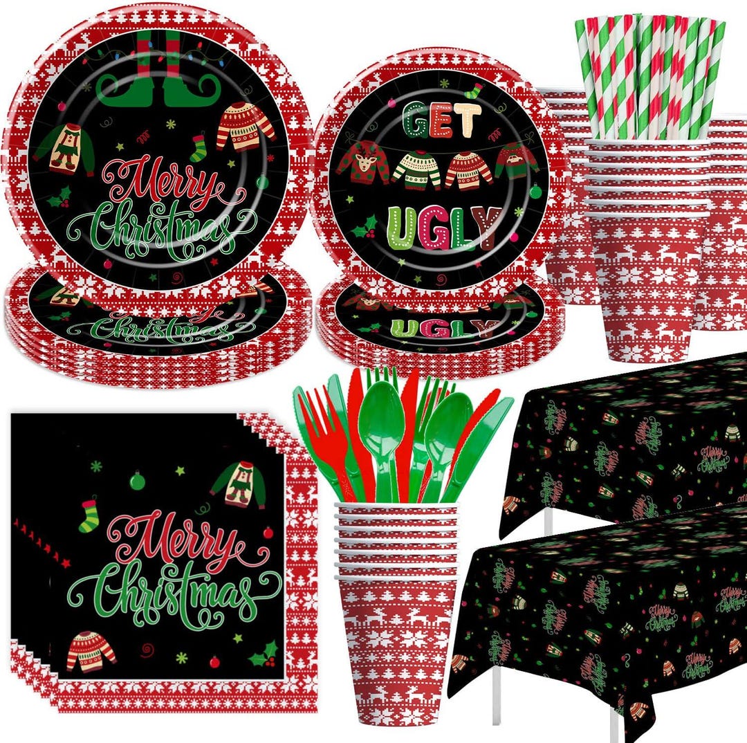 Ugly Christmas Sweater Party Plates, Napkins, Forks Disposable ...