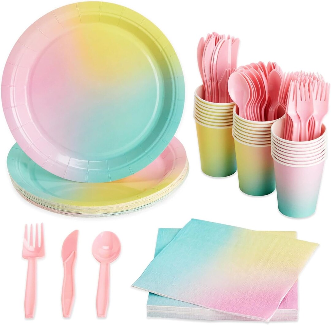 Pastel Rainbow Party Plates, Napkins, Cups Forks Disposable Tableware ...