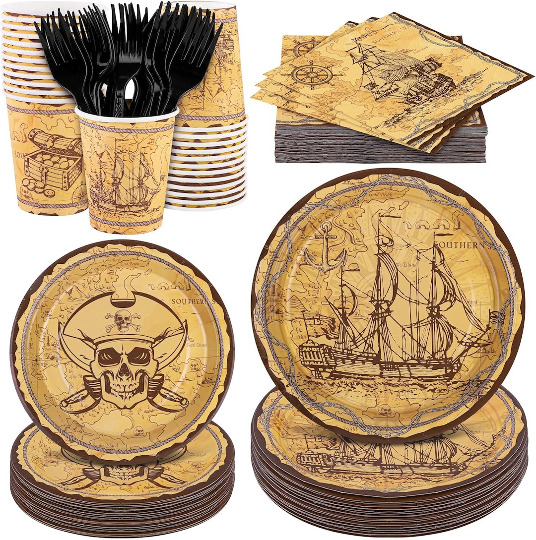 Pirate Party Plates, Napkins, Cups Disposable Tableware Serves 24 ...