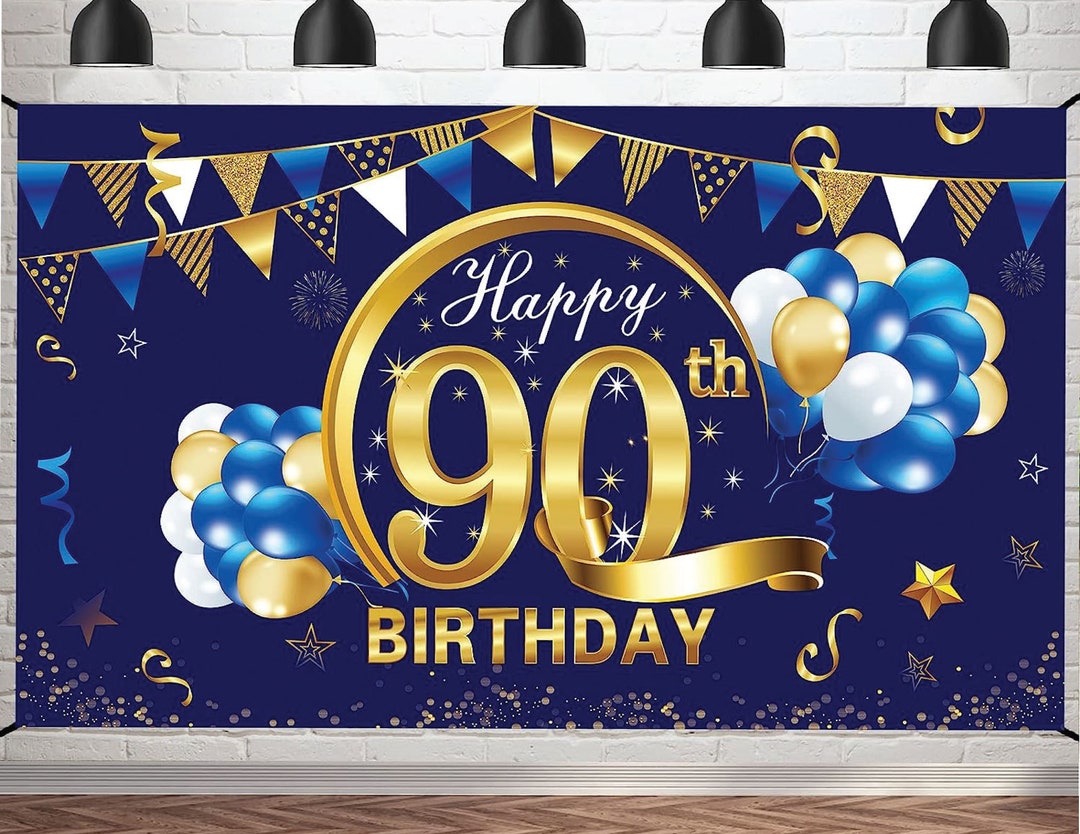 90th Birthday Banner Backdrop Decorations Men and Women Blue and Gold ...