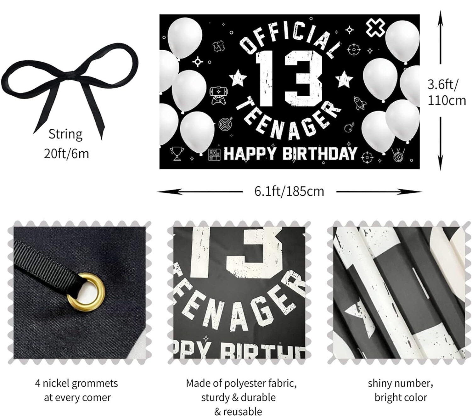13th Birthday Banner Backdrop Decorations for Boys Black and Silver ...