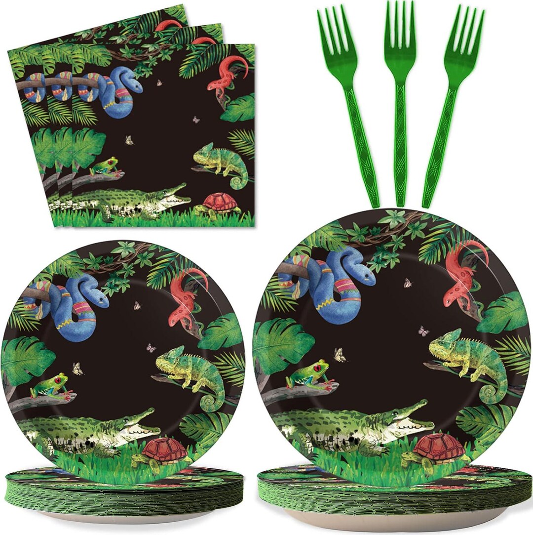 Reptile Birthday Party Plates, Napkins, Forks Tableware Serves 24, Kids ...