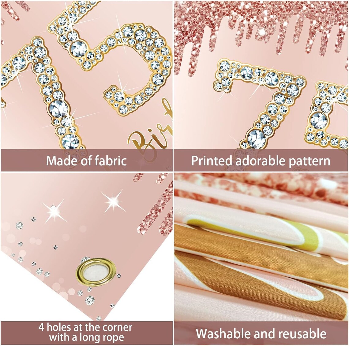 75th Birthday Banner Backdrop Rose Gold Happy 75th Birthday Backdrop ...