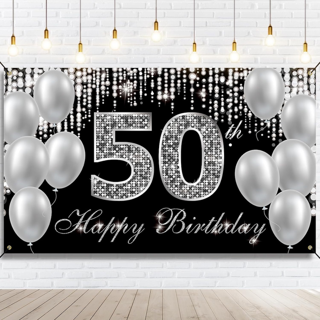 50th Birthday Banner Backdrop Decorations Men Women Black and Silver ...