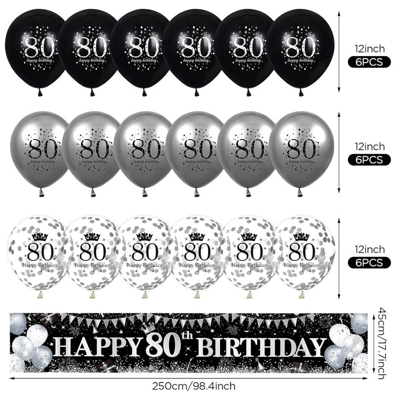 Large 80th Birthday Banner Backdrop and Balloons Decorations Black and ...