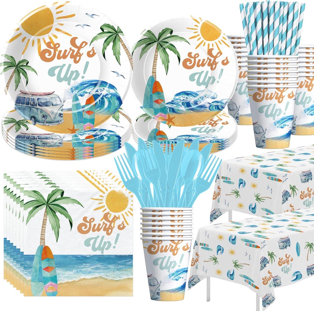 Surf's up Party Plates, Napkins, Cups, Tablecloth Disposable Tableware ...