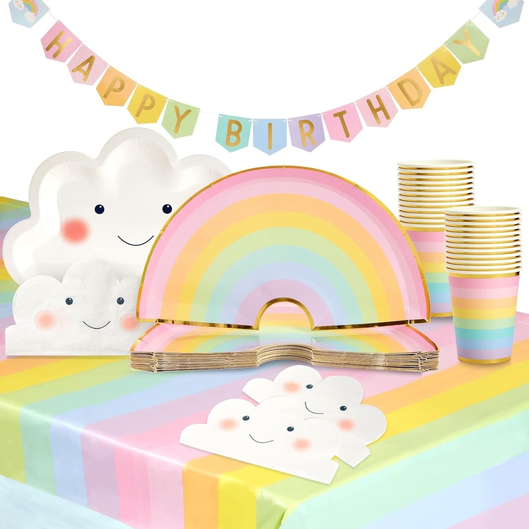 Pastel Rainbow Party Plates, Napkins, Cups, Tablecloth Tableware Serves ...