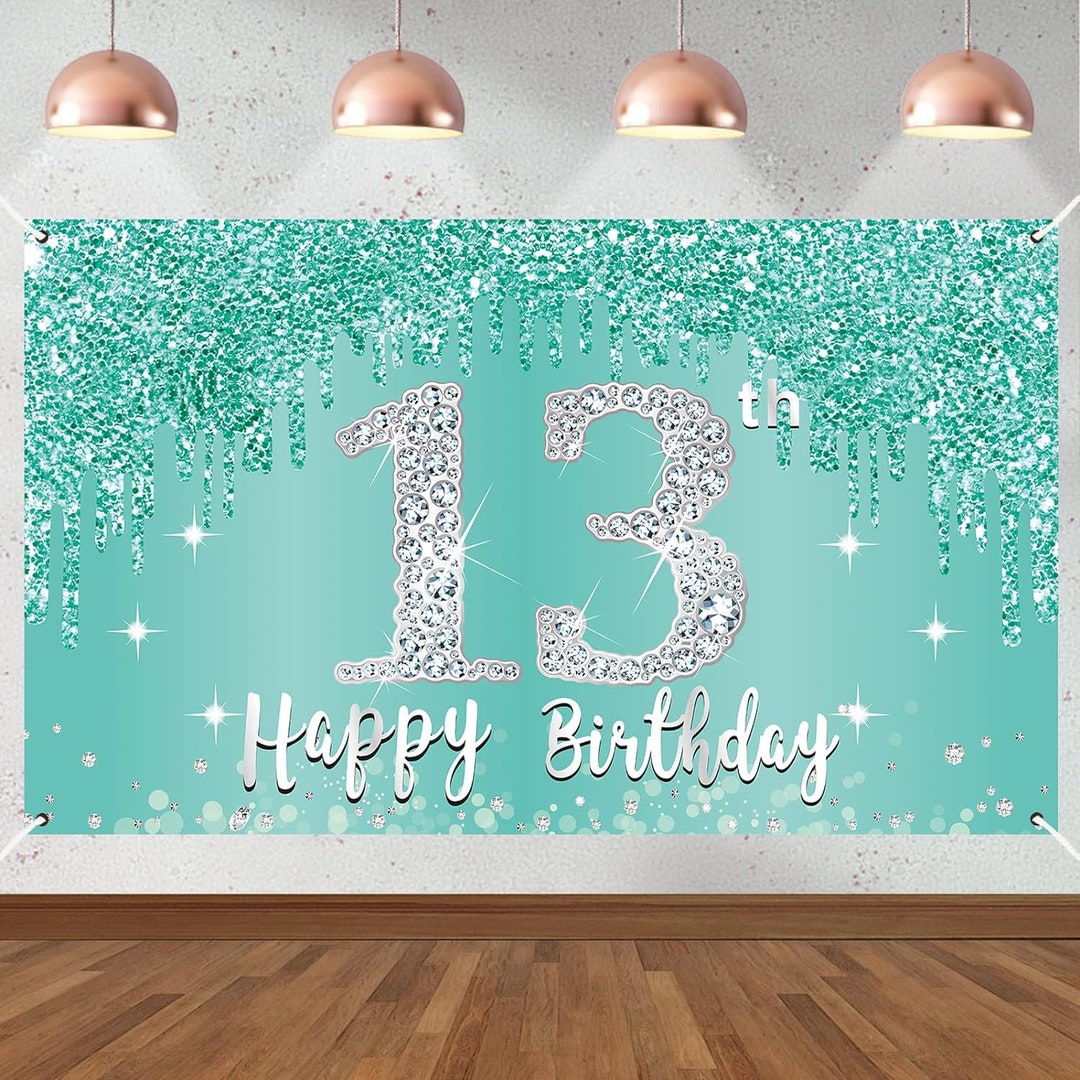 13th Birthday Banner Backdrop Teal and Silver Happy 13th Birthday ...
