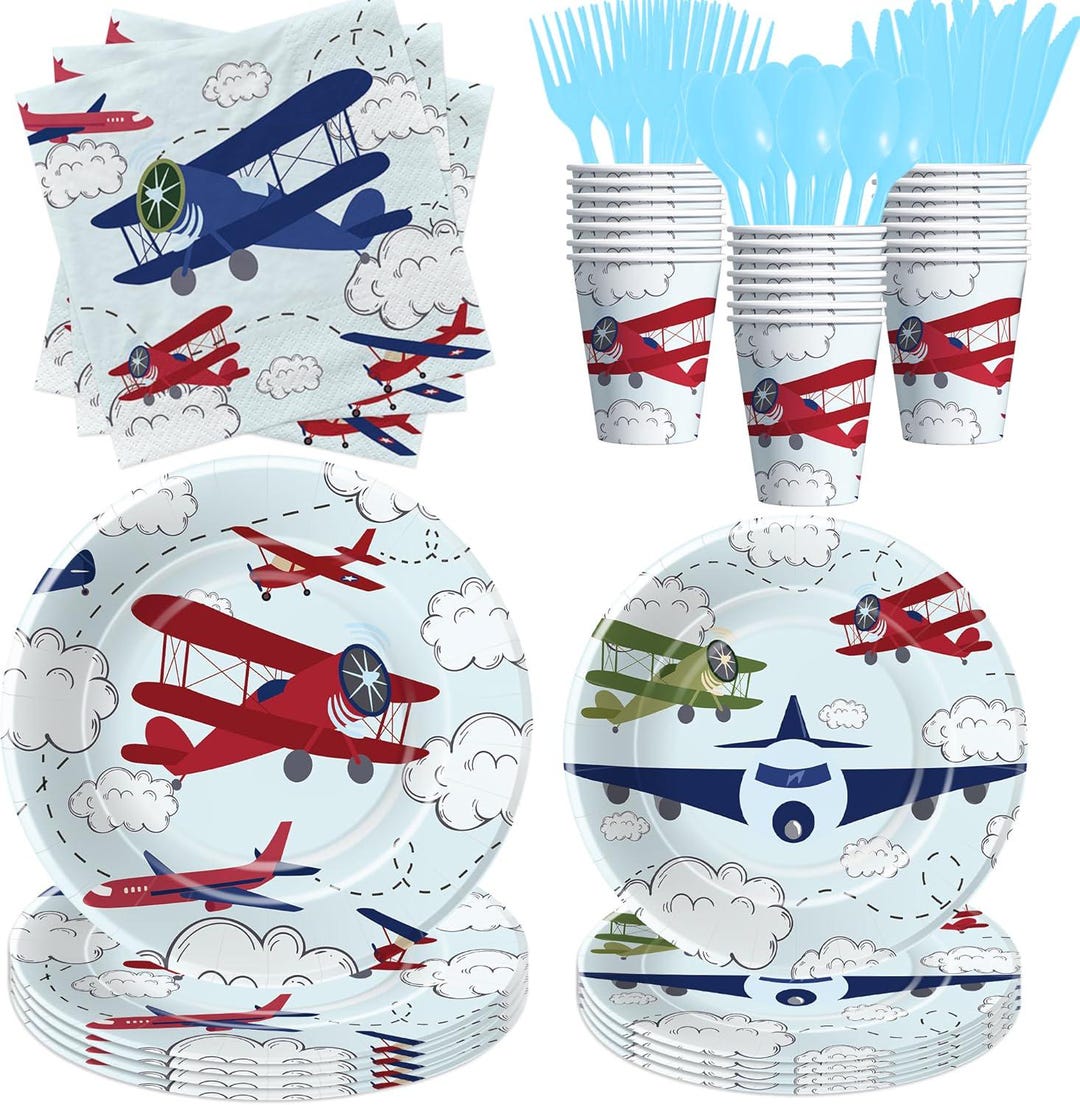Airplane Party Plates, Napkins, Cups Disposable Tableware Serves 24 ...