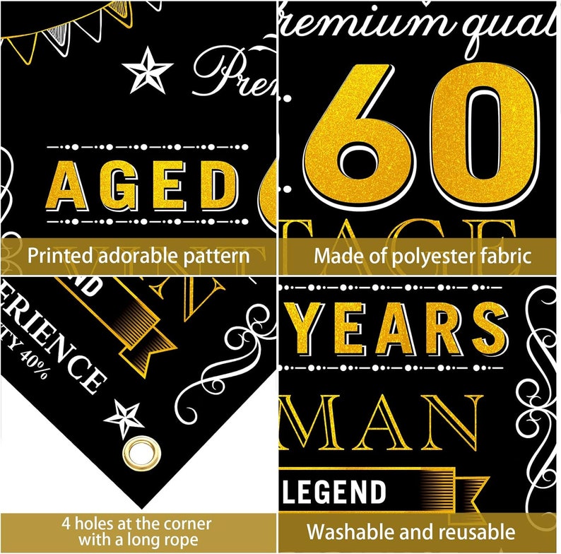 Black and Gold 60th Birthday Banner Backdrop Mens 60th Birthday ...