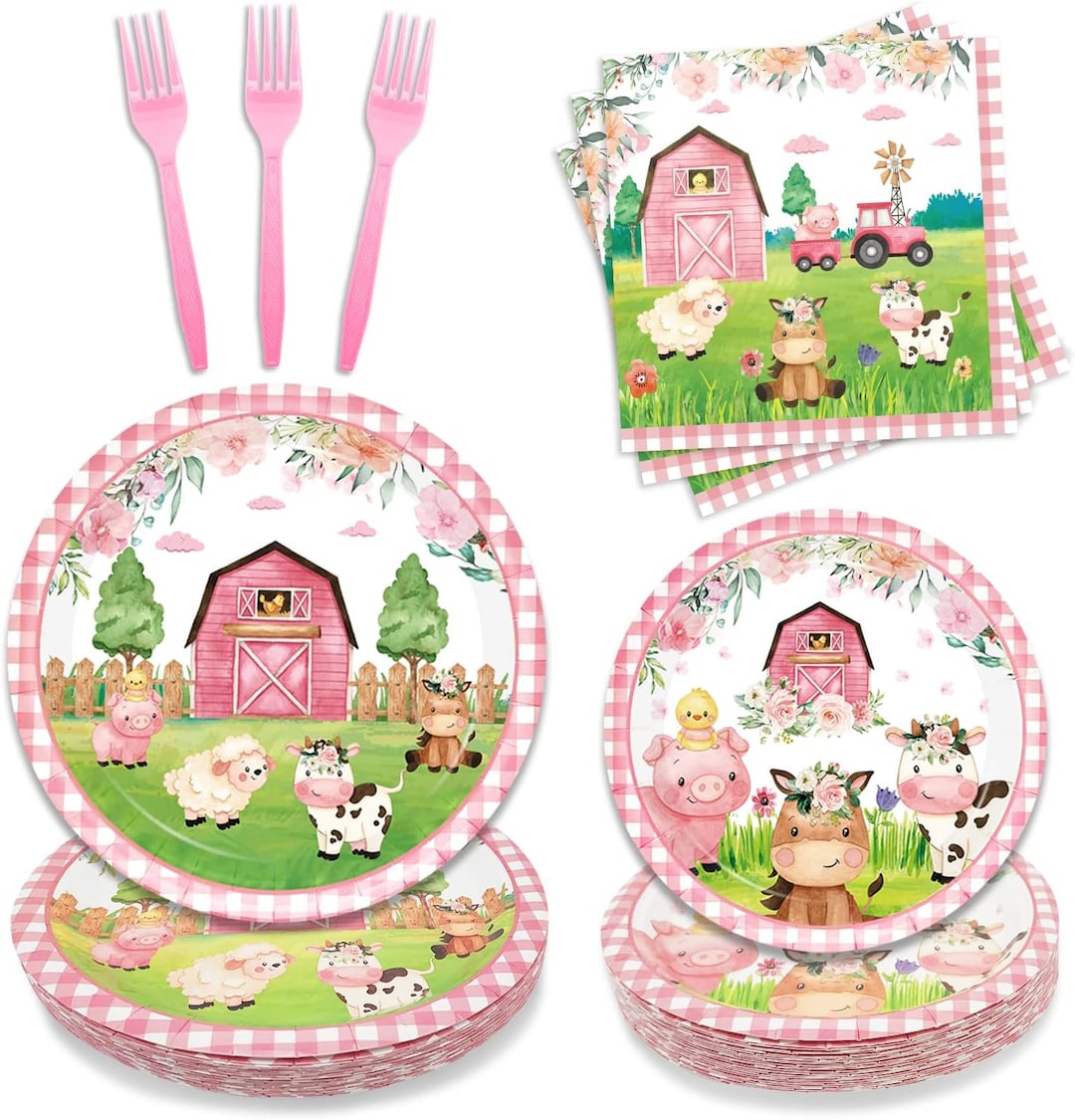 Farm Animals Party Tableware Serves 24, Pink Barn Farm Animals Birthday ...