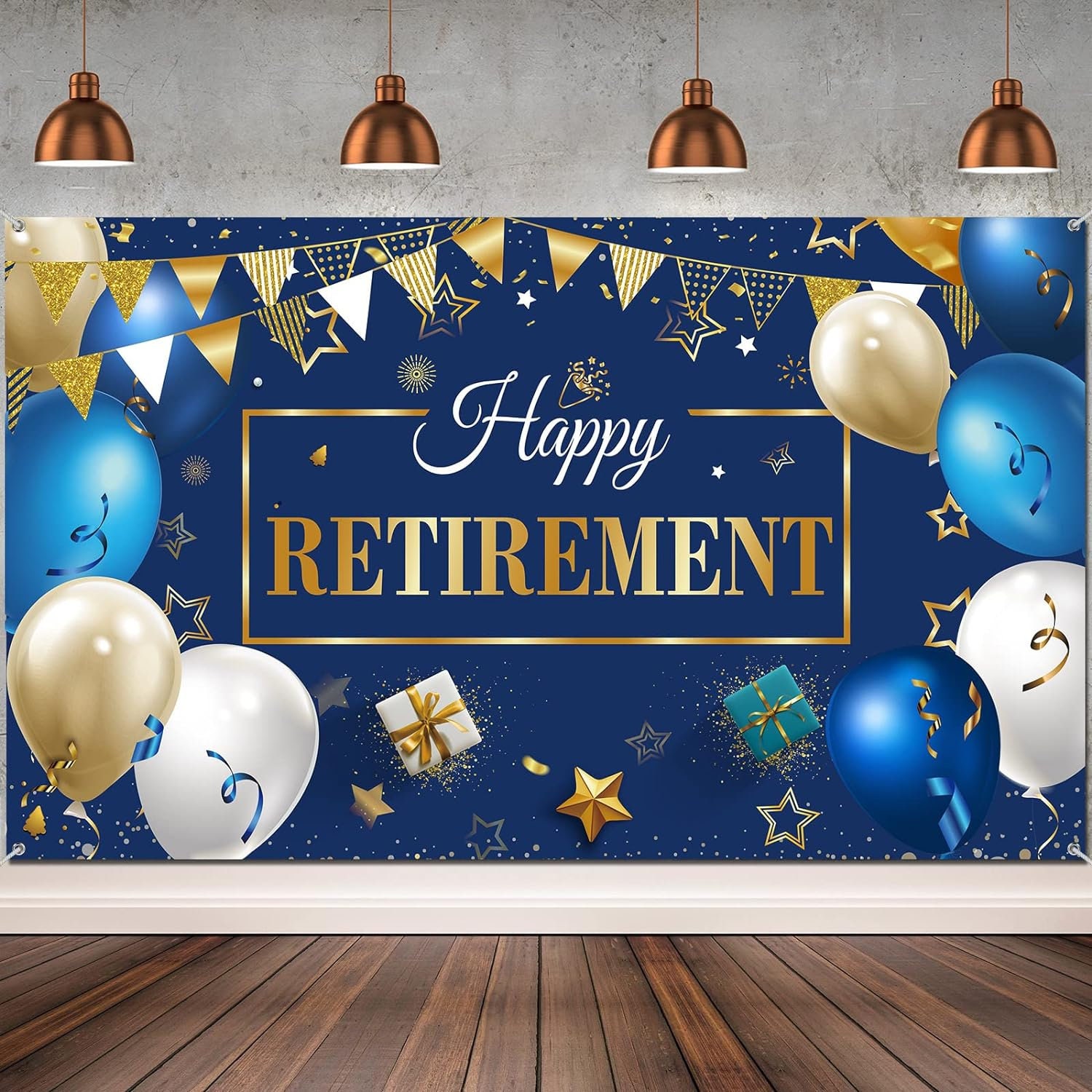 Retirement Banner Backdrop Decorations Women Blue and Gold Happy ...