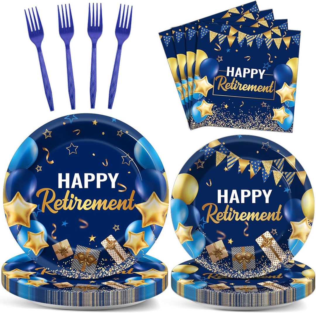Blue and Gold Retirement Party Plates, Napkins, Forks Disposable ...