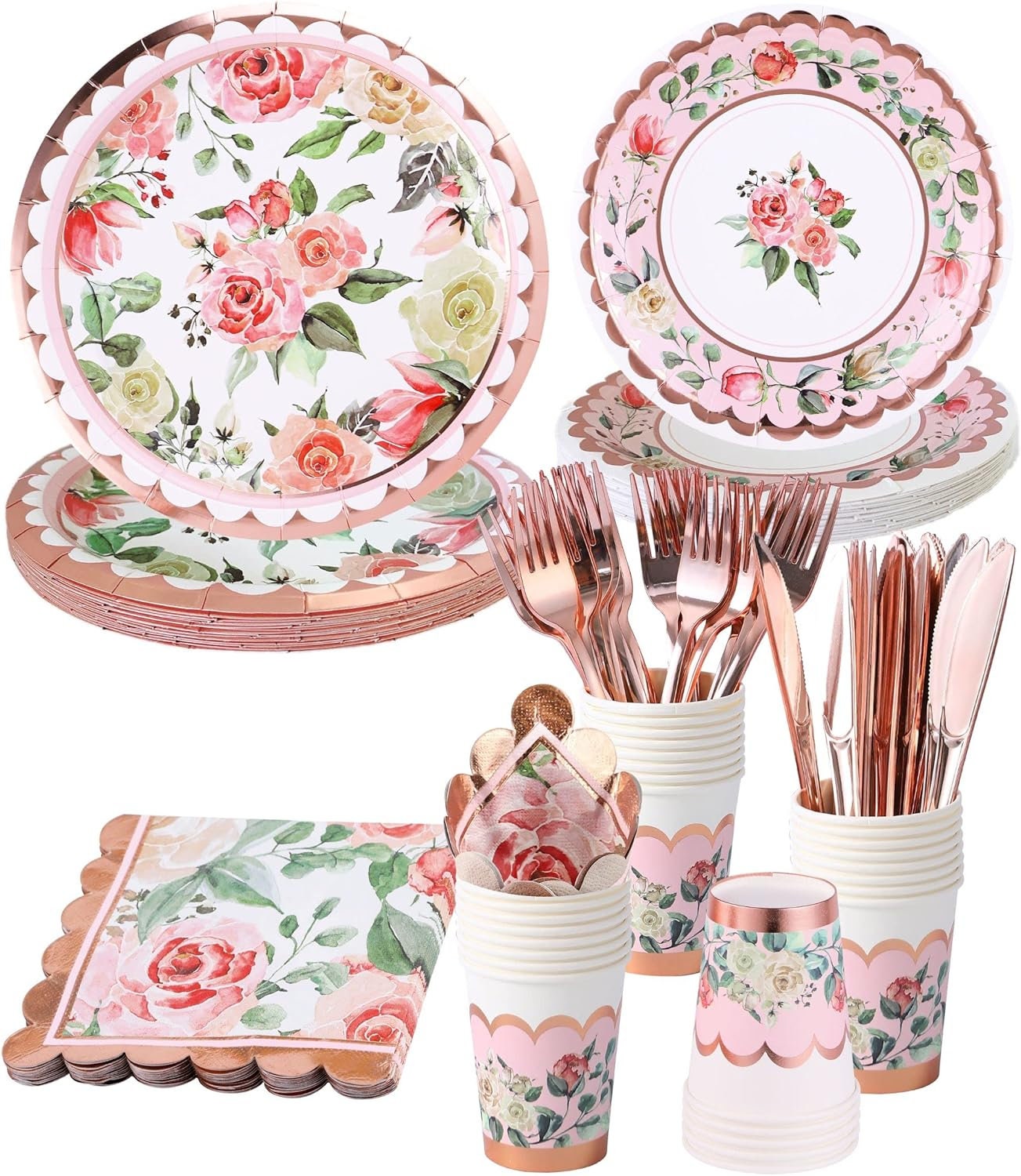 Rose Gold Floral Party Tableware Serves 16, Floral Paper Plates Cups ...