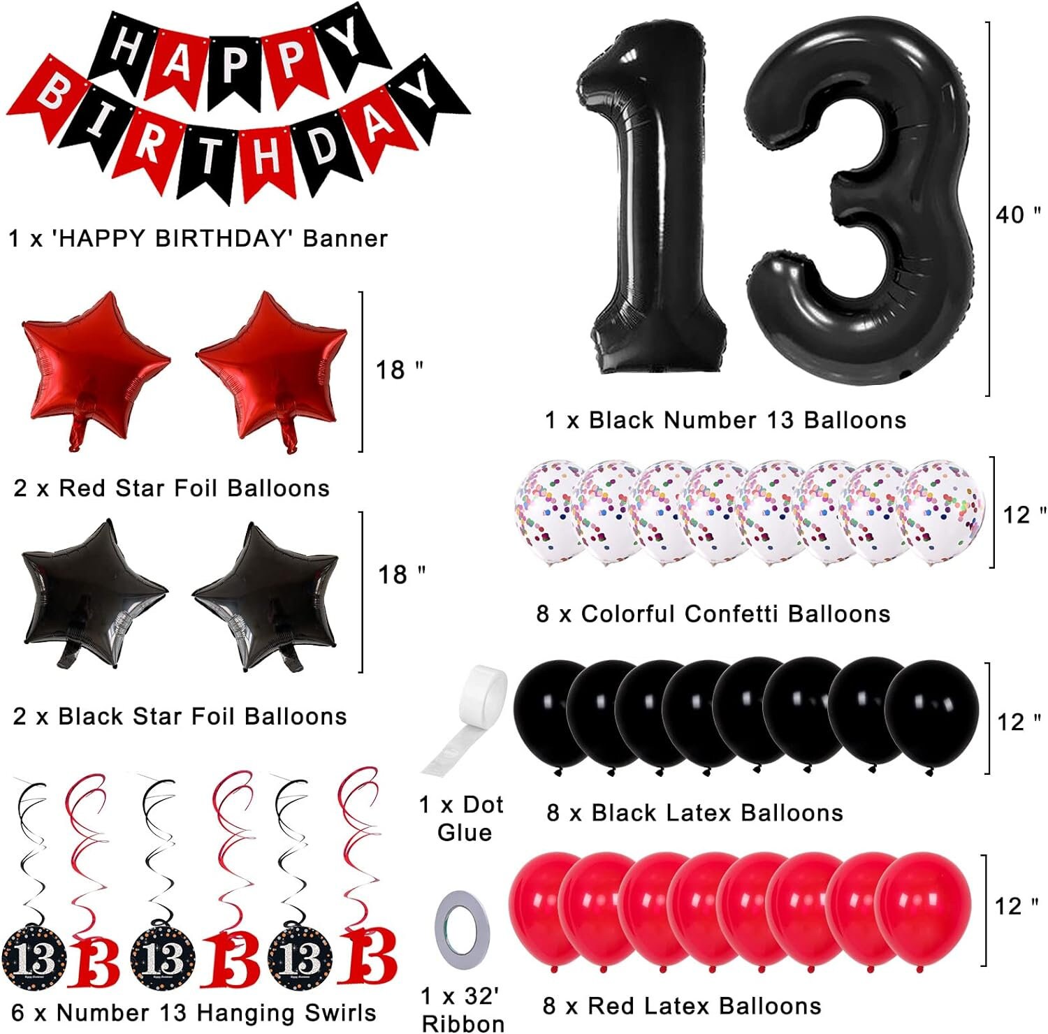13th Birthday Decorations for Boys and Girls Black and Red, Black ...