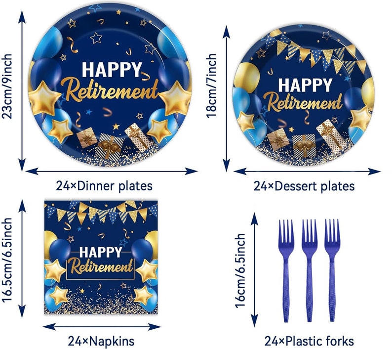 Blue and Gold Retirement Party Plates, Napkins, Forks Disposable ...