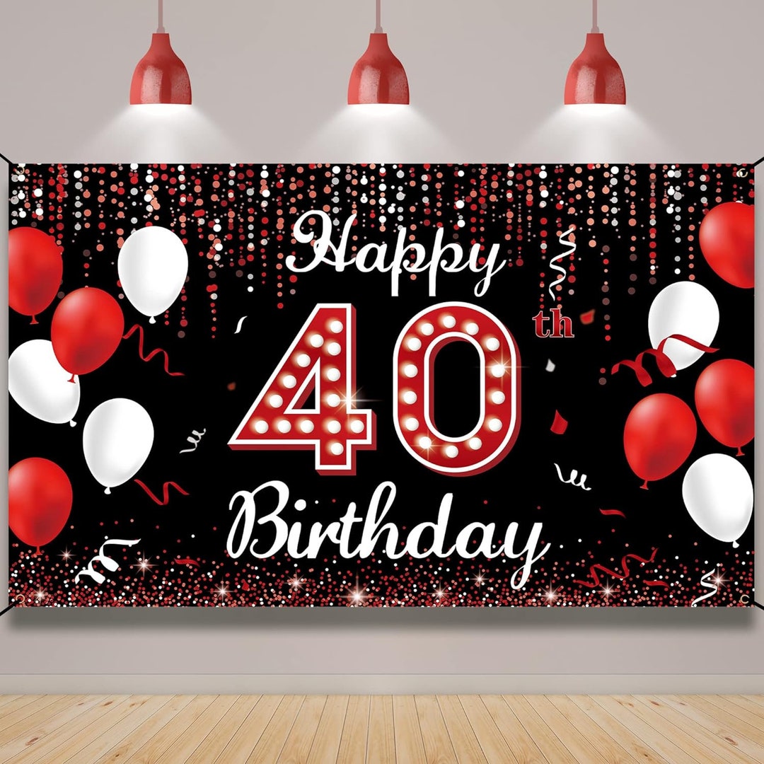 40th Birthday Banner Backdrop Decorations Men and Women Black and Red ...