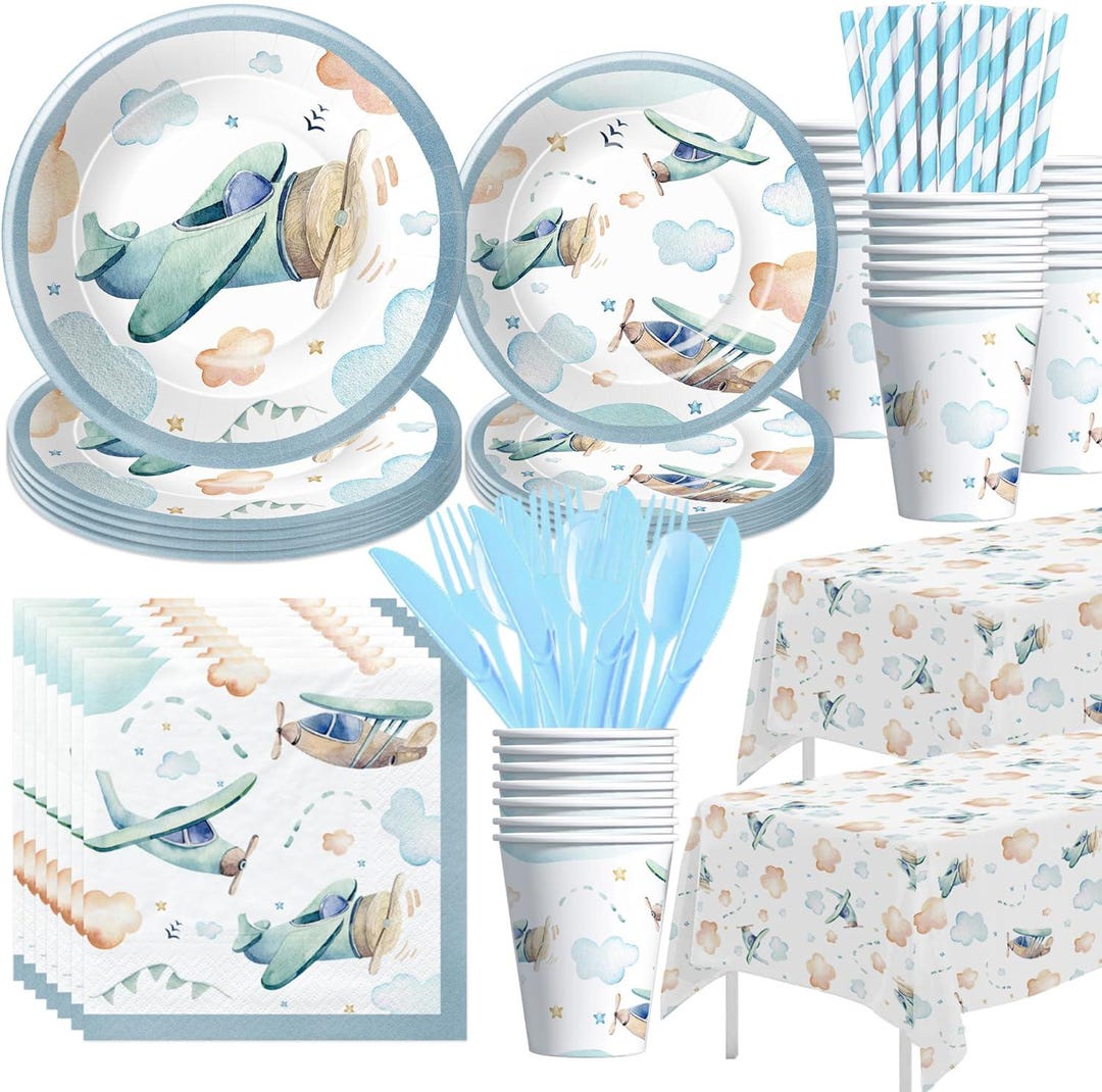 Airplane Party Plates, Napkins, Cups, Tablecloth Disposable Tableware ...