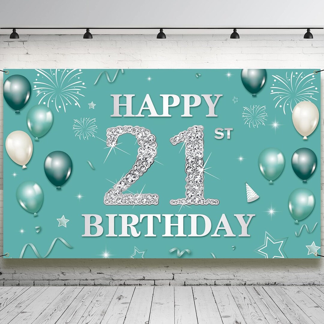 21st Birthday Banner Backdrop Decorations for Her Teal Silver Happy ...