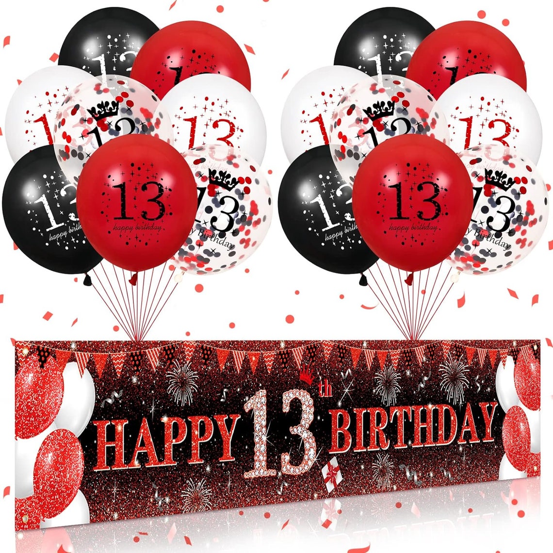 Large 13th Birthday Banner Backdrop and Balloons Decorations Black and ...