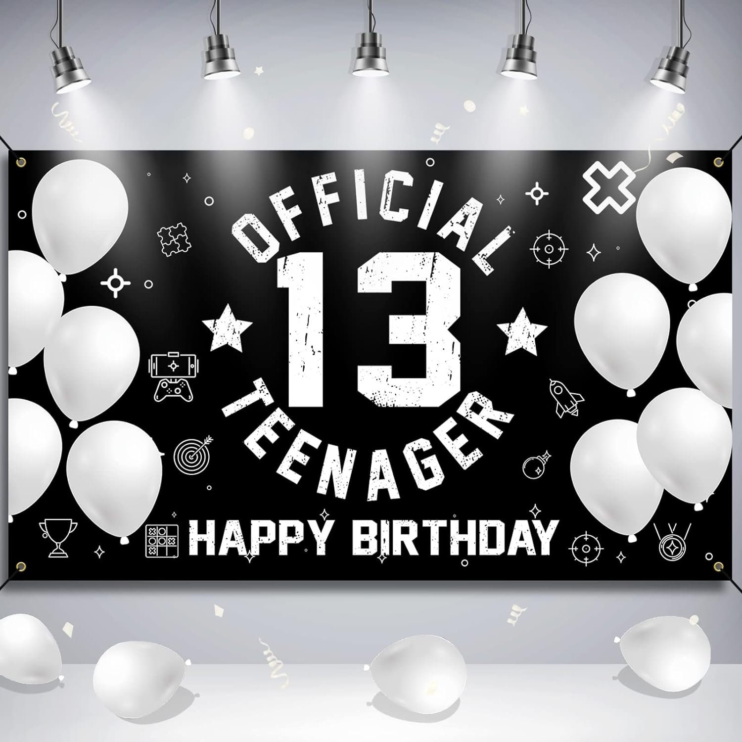 13th Birthday Banner Backdrop Decorations for Boys Black and Silver ...